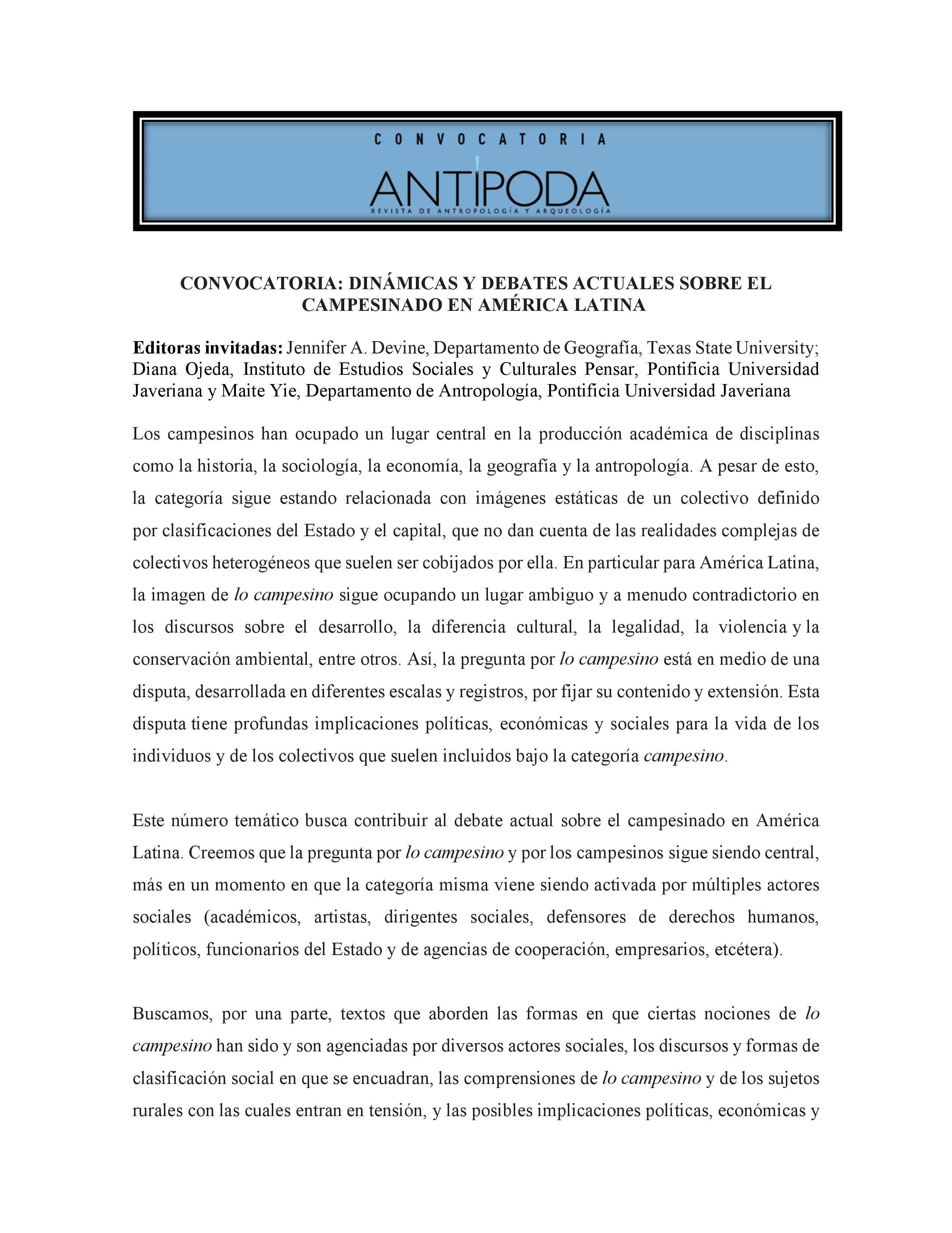 La revista de antropología y arqueología Antípoda: Convoca a presentar ...